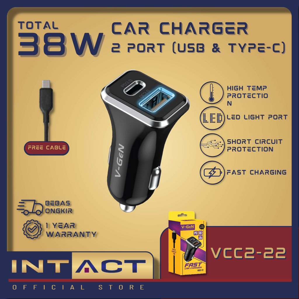 Jual Car Charger V-GeN VCC2-22 Dual Fast Charging QC 3.0 PD Total 38W ...