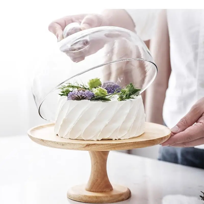 Jual Tempat Kue Round Wooden Cake Stand with Glass Cover Cake Display ...