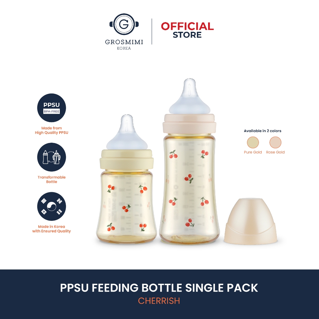 Jual GROSMIMI PPSU CHERRISH FEEDING BOTTLE SINGLE PACK 200/300ml (included stage 1/2 teat, Pure ...
