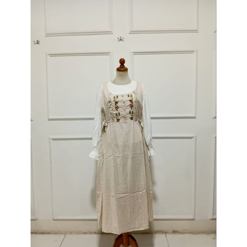 Jual Oneset Setelan Dress Overall Linen + Blouse Putih | Niewen 4105096 ...