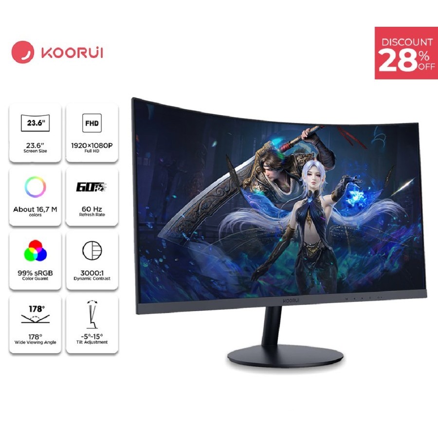 Jual KOORUI 24 inch Curved Computer Monitor FHD 1080P 1800R LED Monitor ...