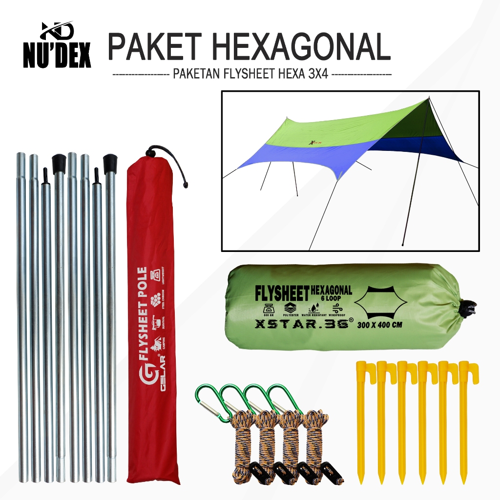 Jual paketan flysheet hexagonal 3x4 flysheet hexa includ tiang pasak ...