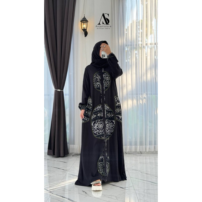 Jual Busana Muslim Dress Terusan Gamis Anjani motif Etnik Warna Hitam ...