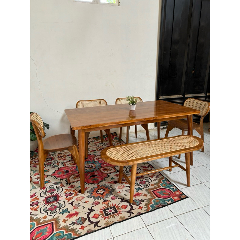Jual meja makan 160x90 kursi rotan k4+bench 1 | Shopee Indonesia