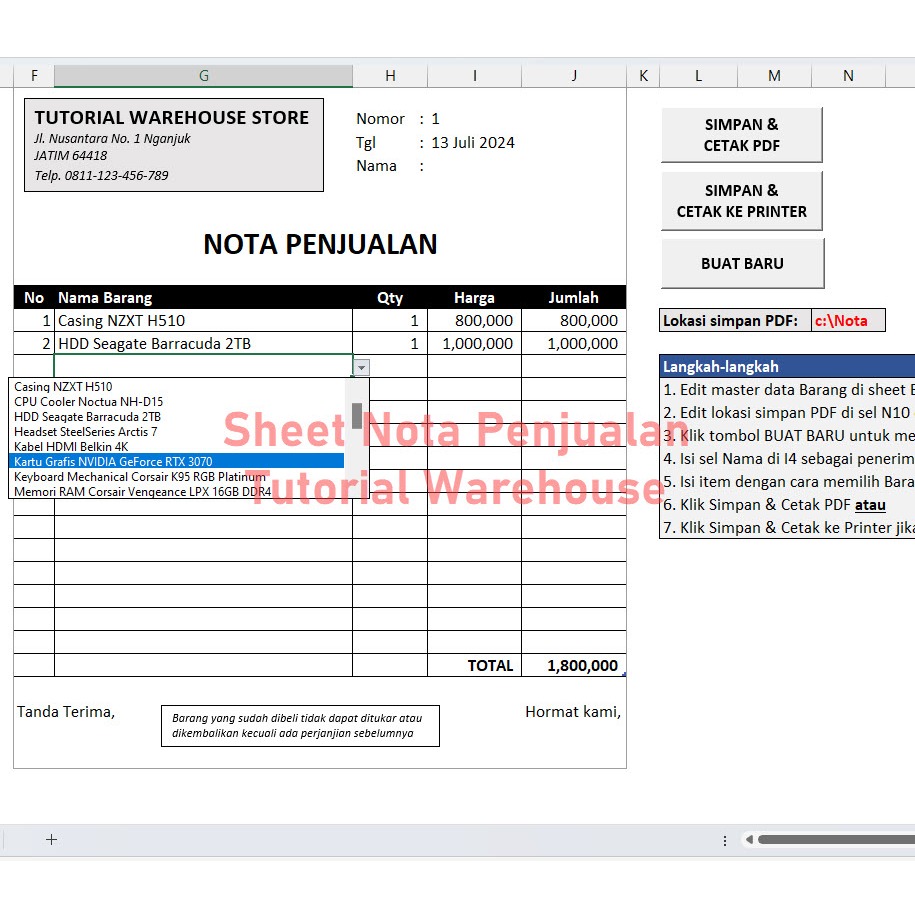 Jual Template Excel Nota Penjualan Otomatis Simpan ke Arsip, Cetak PDF ...