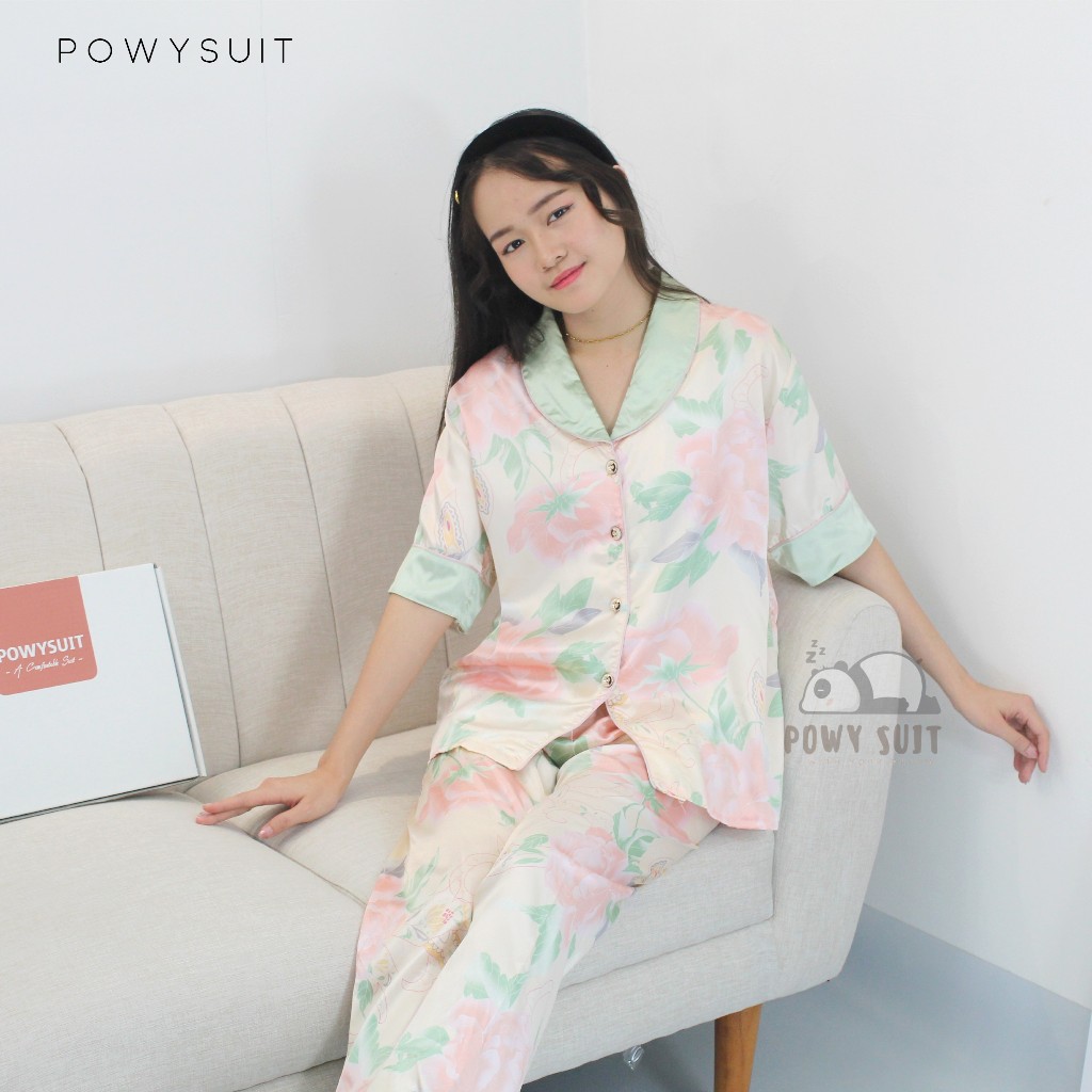 Jual ST34 Bunga Piyama Satin Kancing Powysuit Baju Tidur Wanita Lengan Pendek Celana Panjang ...