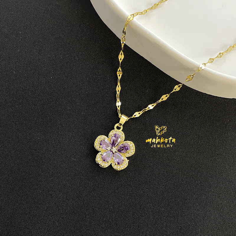 Jual K32 Kalung Titanium Premium Wanita Rantai Pecah Kopi Liontin Bunga ...