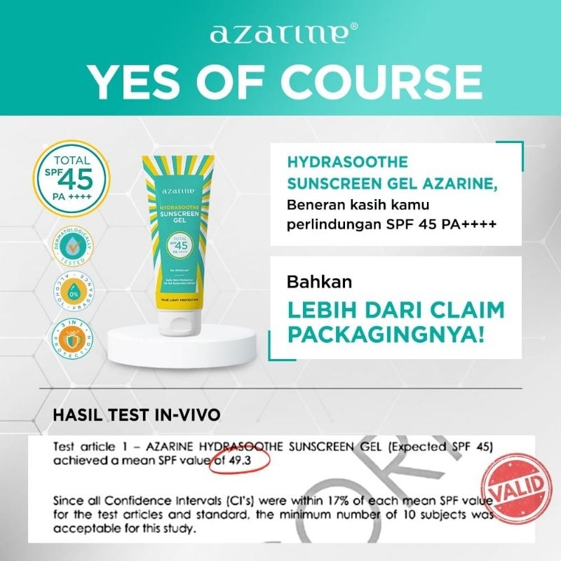 Jual [GEL] AZARINE - HYDRASOOTHE SUNSCREEN GEL SPF45 PA++++ ( 30 / 50 ml ) - Sunscreen Wajah ...