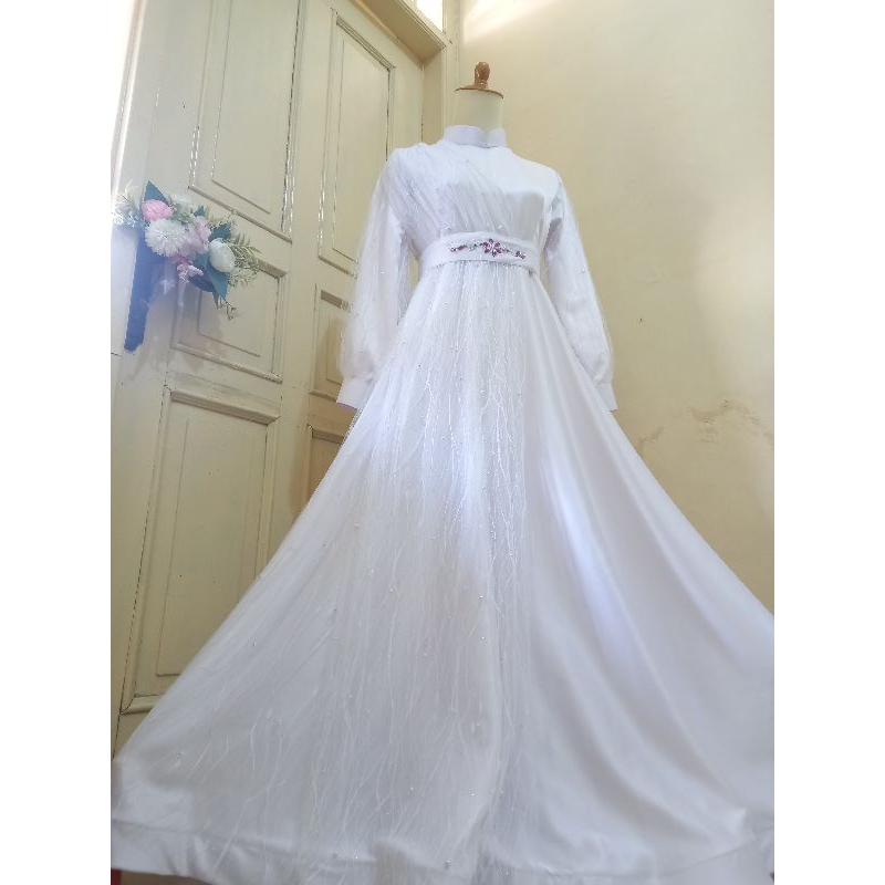 Jual Gaun Akad Warna Putih Bersih / BW gamis simpel nikahan wedding ...