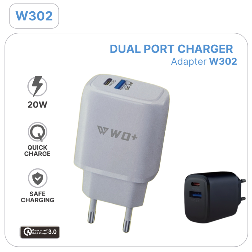 Jual Charger W302 Dual Port (Port USB A dan Type C) | WO+ Fast Charging ...