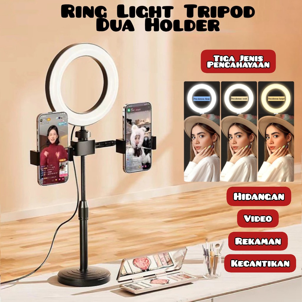 Jual Ring Light Tripod 2 Holder Stand Handphone Ganda Live Streaming ...