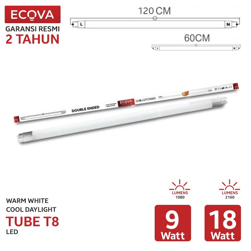 Jual Ecova Lampu T8 LED Tube Neon 9 18 Watt 60 120 CM | Shopee Indonesia