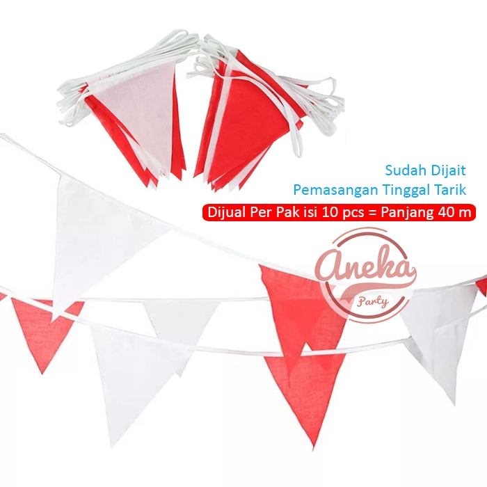 Jual ( isi 10 set ) bendera kain segitiga merah putih poliester 40 meter / bendera agustus umbul ...