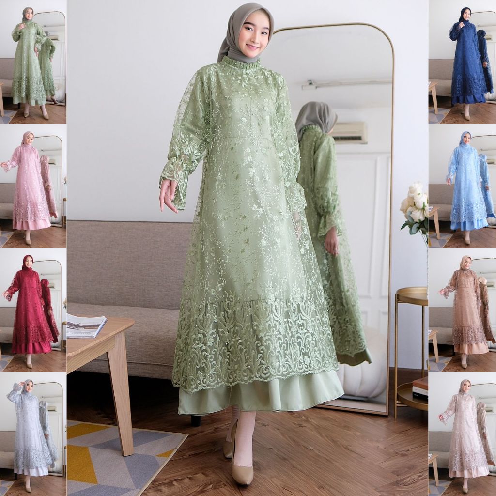 Jual (Suplier) 2in1 Gamis Fasha Inner + Outer Brukat Tile Bordir Mutiara / Dress Pesta Tille ...