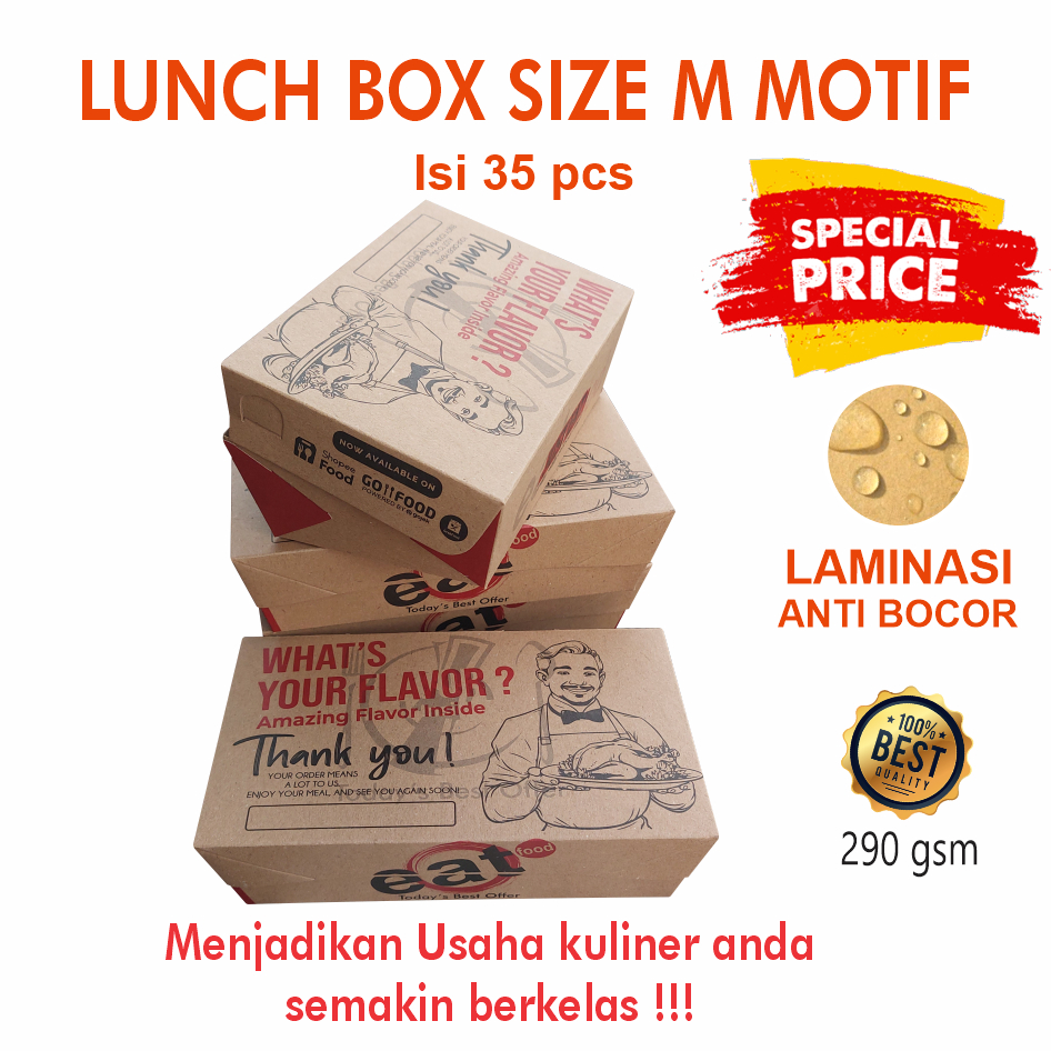 Jual Lunch Box M craft motif koki (isi 35)/Paper Kraft Coklat Cetak ...