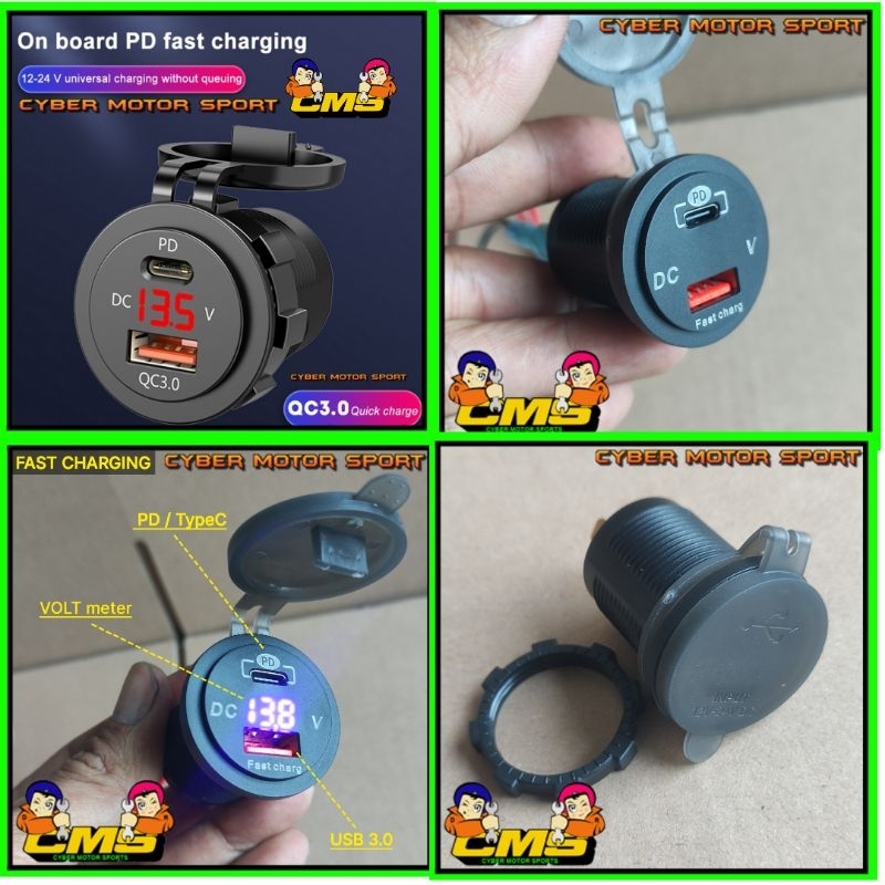 Jual USB charger mobil motor 12v 24v USB 3.0 PD type C VOLT meter fast ...
