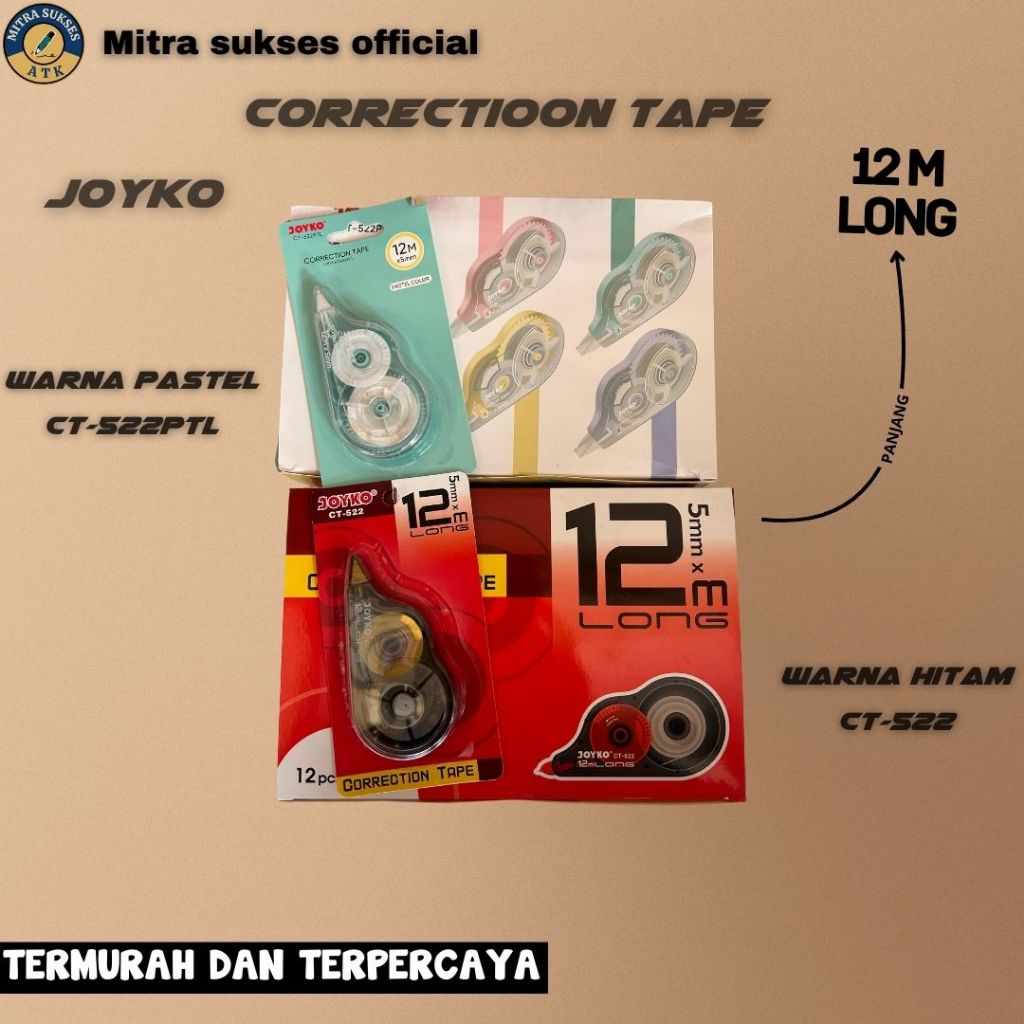 Jual TIPE-X ROLL CORRECTION TAPE JOYKO 12M WARNA HITAM DAN WARNA PASTEL ...