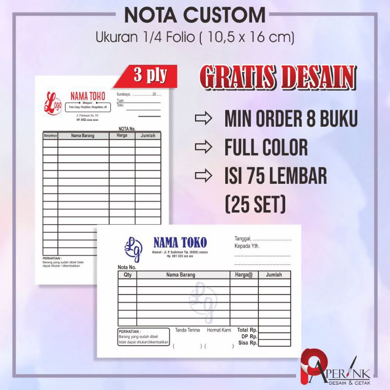 Jual Nota Custom Murah 3ply ukuran 1/4 Folio | Nota Toko | Olshop ...