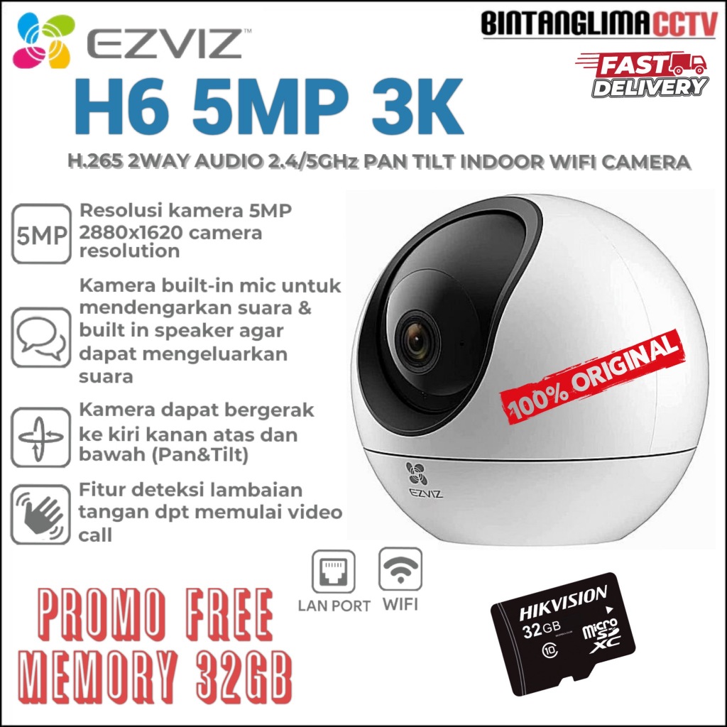 Jual H6 5MP 3K EZVIZ H.265 2WAY AUDIO 2.4/5GHZ PAN TILT INDOOR WIFI | Shopee Indonesia