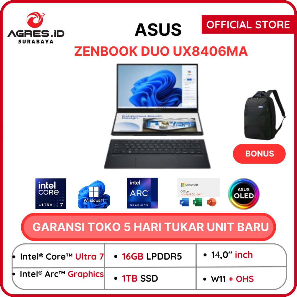 Jual ASUS ZENBOOK DUO UX8406MA OLED TOUCH ULTRA 7 155H 16gb 1tb DUAL 14.0 3K+FHD 120hz PEN ...