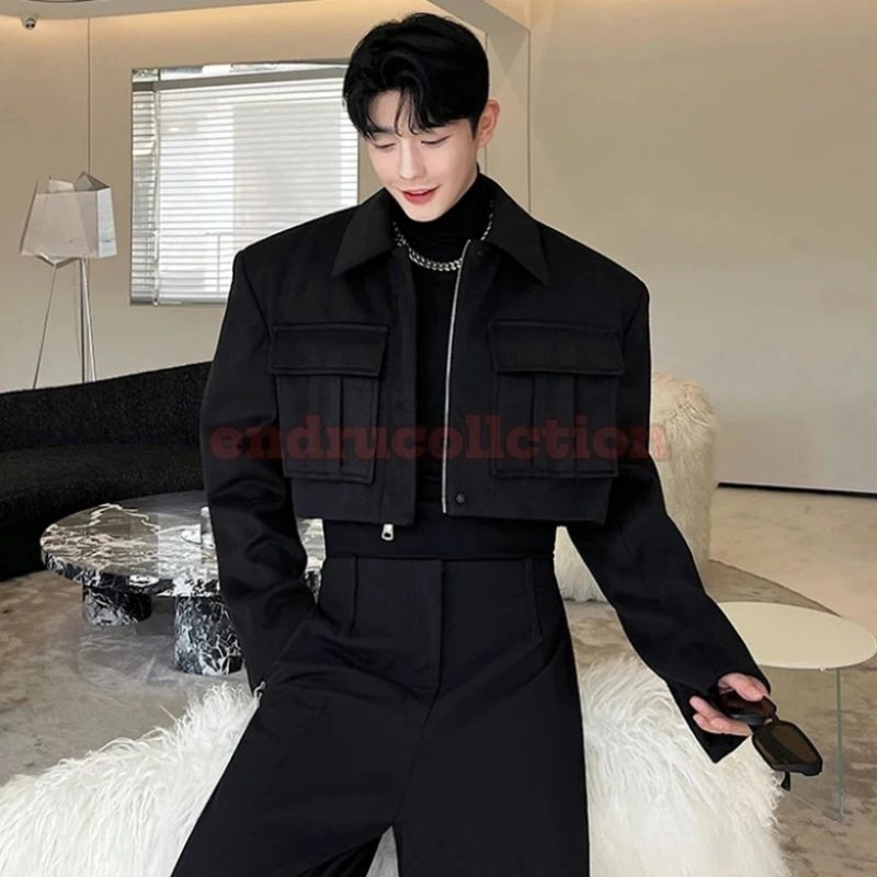 Jual jaket pendek crop pria model penutup resleting dan saku | Shopee ...