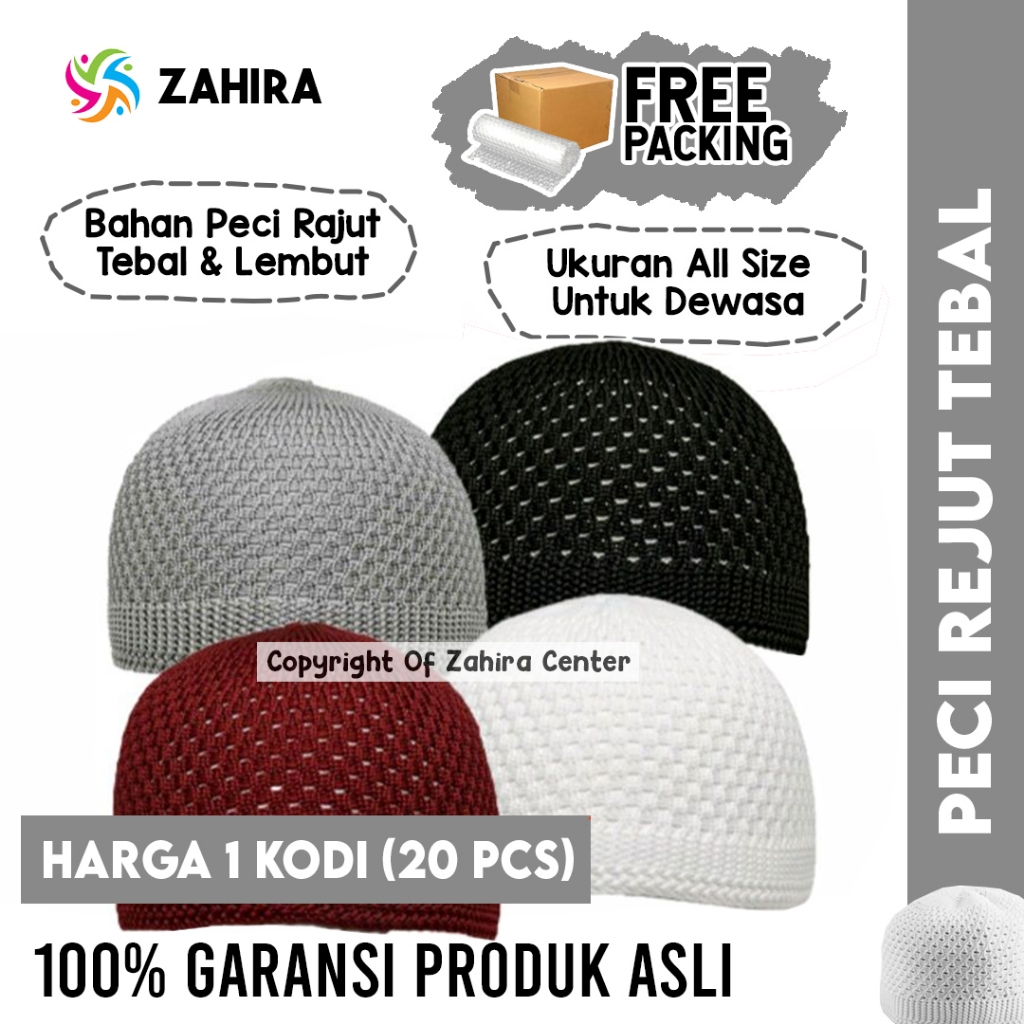 Jual 1 PACK (20 PCS) PECI RAJUT TEBAL Kopiah Kopyah Murah All Size Dewasa Putih Hitam Motif ...