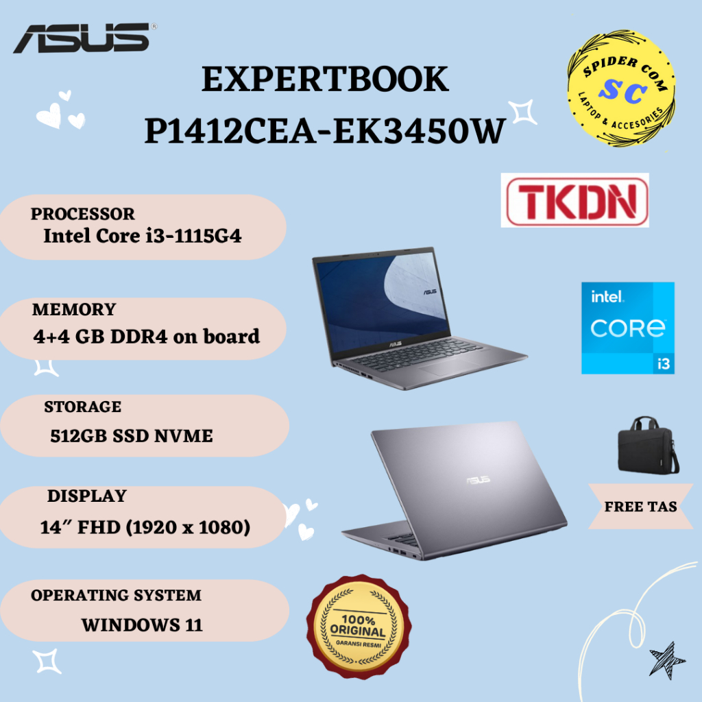 Jual ASUS TKDN EXPERTBOOK P1412CEA-EK3450W|I3-1115G4/4 + 4 GB/SSD 512/ ...