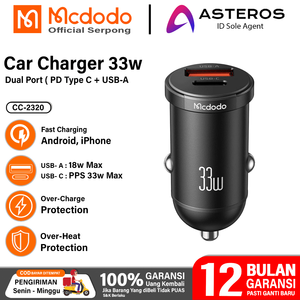 Jual MCDODO Car Charger Mobil Fast Charging 2 Port PD Type C + Quick ...