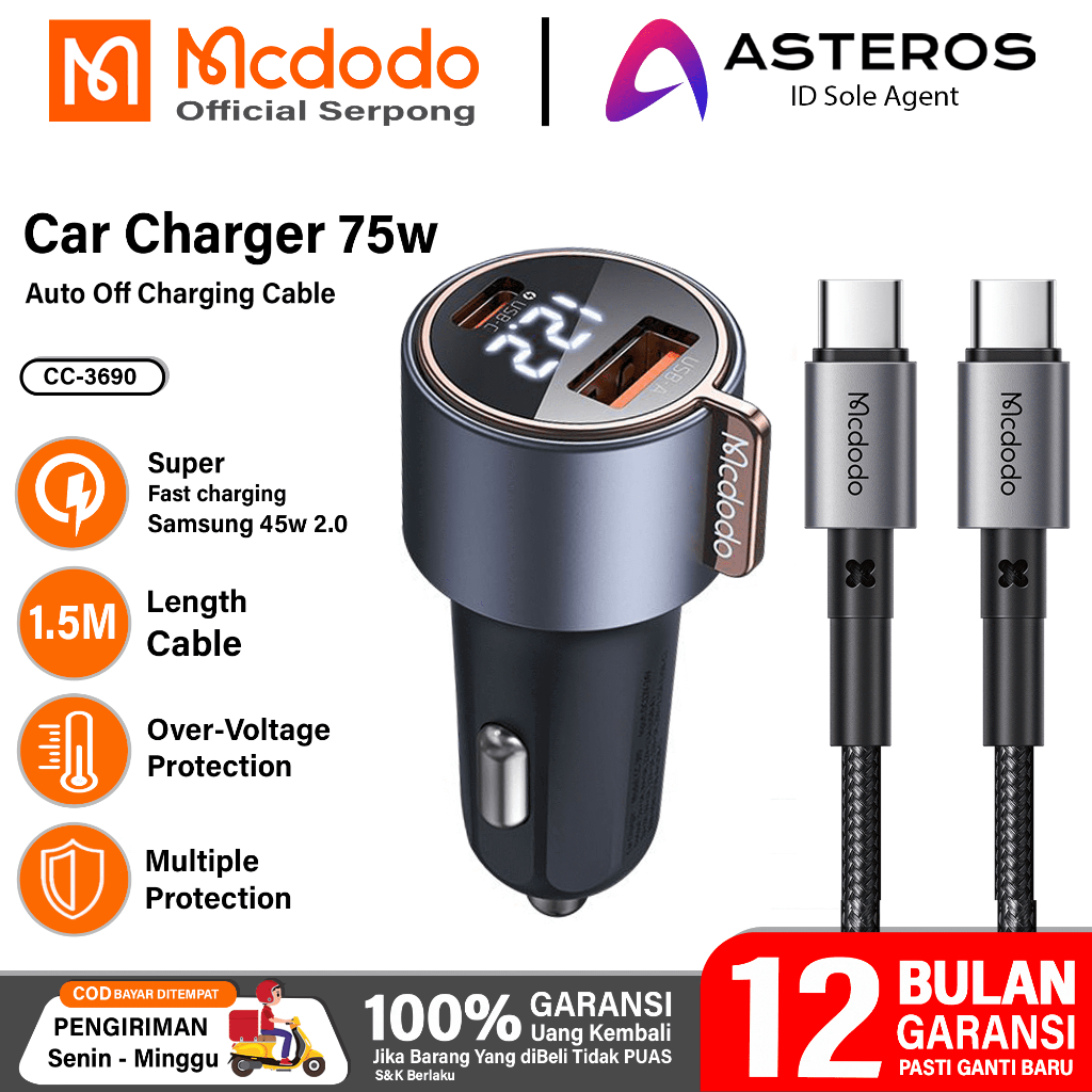 Jual MCDODO Car Charger 75W Fast Charging Digital Display USB-C + USB SFC2.0 QC4+ PPS Micro ...