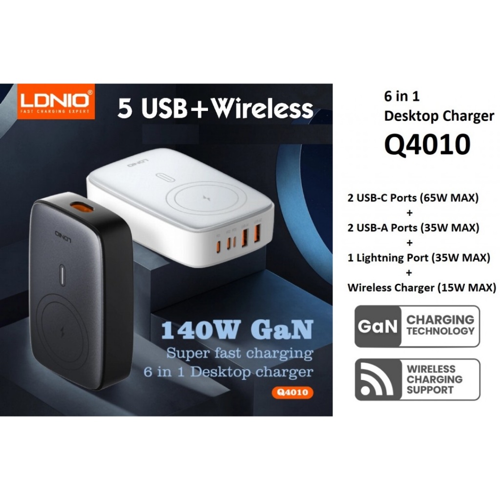 Jual LDNIO Q4010 6-in-1 Multiport Desktop Charger GaN 140W Total Power ...