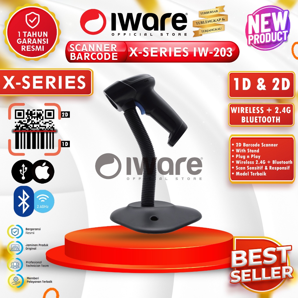 Jual Barcode Scanner Iware X-Series Usb Bluetooth Wireless 1D/2D AutoScan With Stand Windows Mac ...