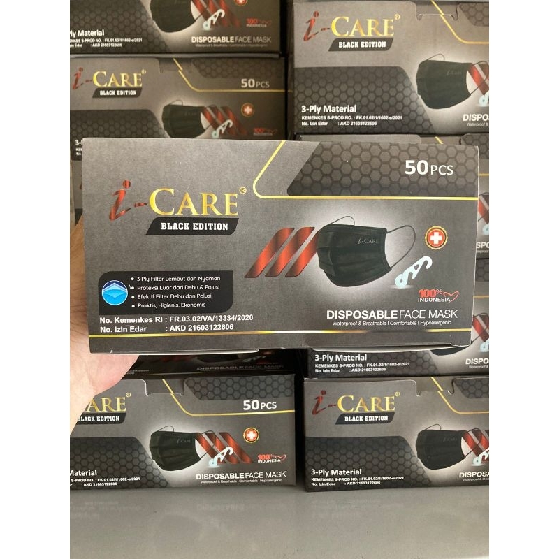 Jual i-Care BLACK Edition Earloop 3ply ICARE Disposable face mask ...