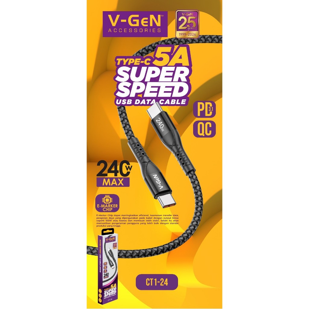 Jual Kabel Data USB V-GeN CT1-24 Super Fast Charging 240W 5A QC PD3.1 Type C to Type C | Shopee ...