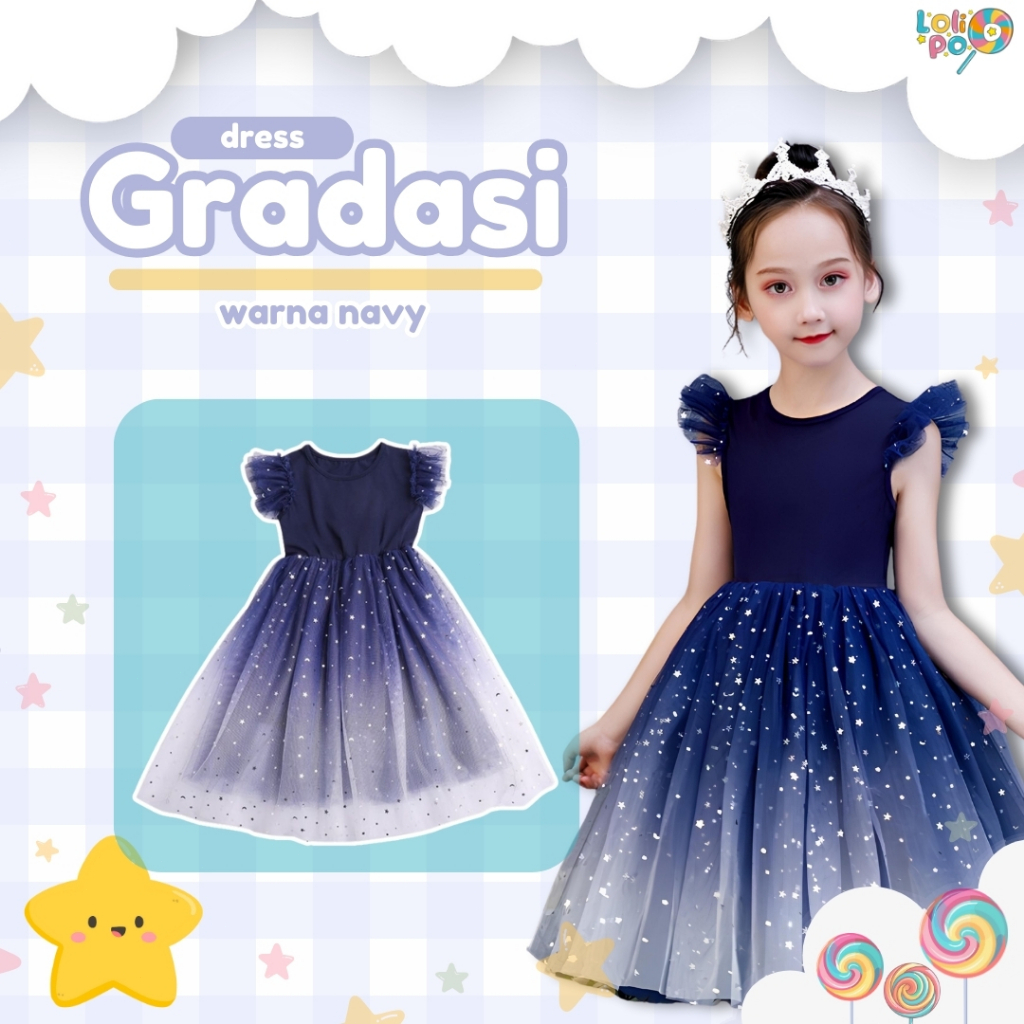 Jual LOLIPOO.OFFICIAL 1-9 Tahun Dress Gradasi Navy Gaun Anak Perempuan ...