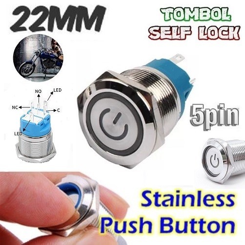 Jual 22mm Switch Saklar Tombol Tekan Kunci Stainless Steel Power LED Push Button 5 Pin 12-24V ...