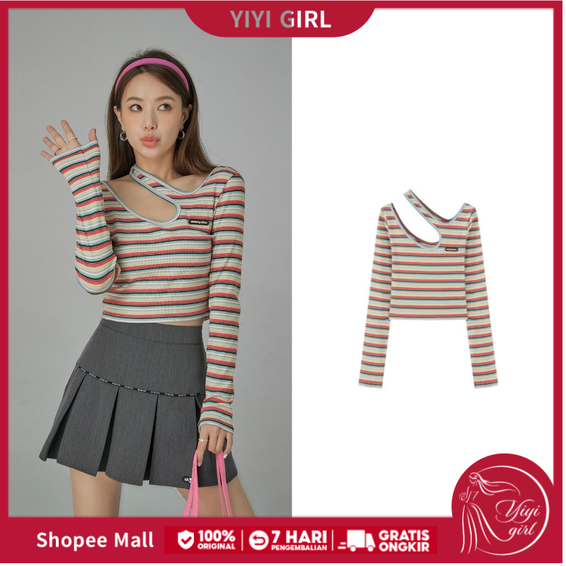 Jual YIYI GIRL Baju Atasan Wanita Knit Stripe Off Shoulder Lengan Pendek Crop Top | Shopee Indonesia