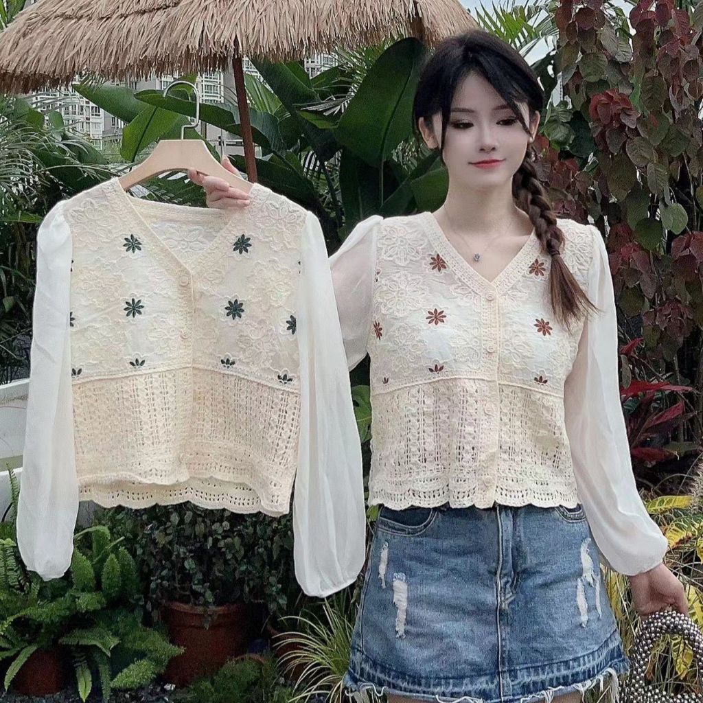 Jual [SUMMER VEST]vest atasan wanita rajut motif bunga bordir outer ...