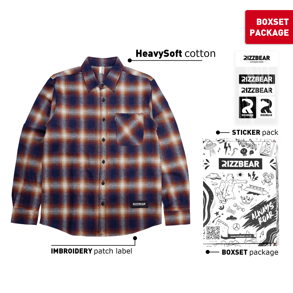 Jual RIZZBEAR Kemeja Lengan Panjang Flannel Pria non Formal Hem Kotak ...