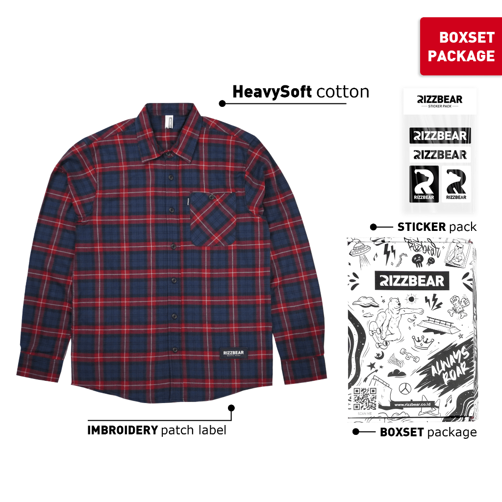 Jual RIZZBEAR Kemeja Hem Lengan Panjang Flanel Pria non Formal Kotak ...