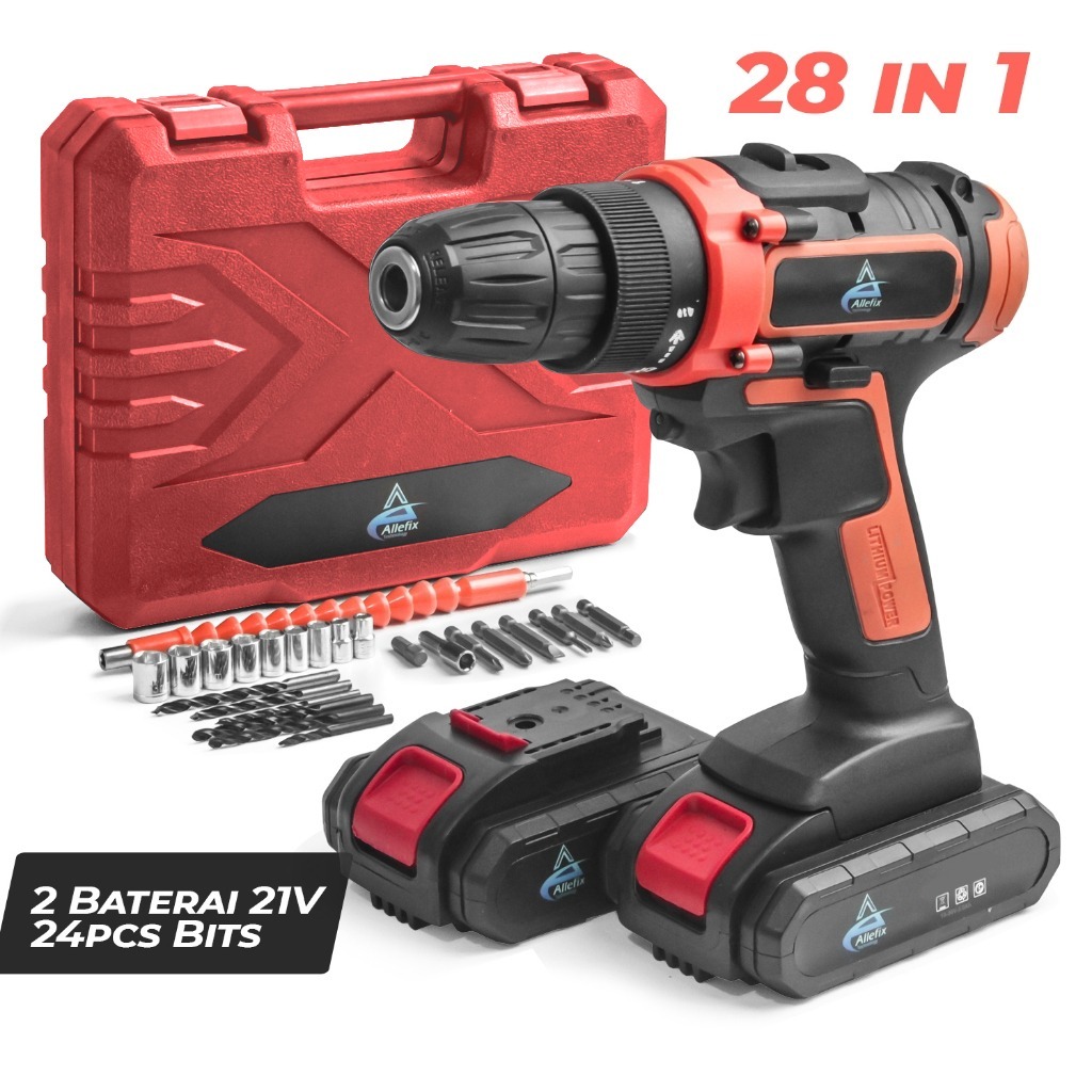 Jual Allefix Bor Cordless Drill Bor Baterai 21V Isi 28 Pcs Set Koper ...