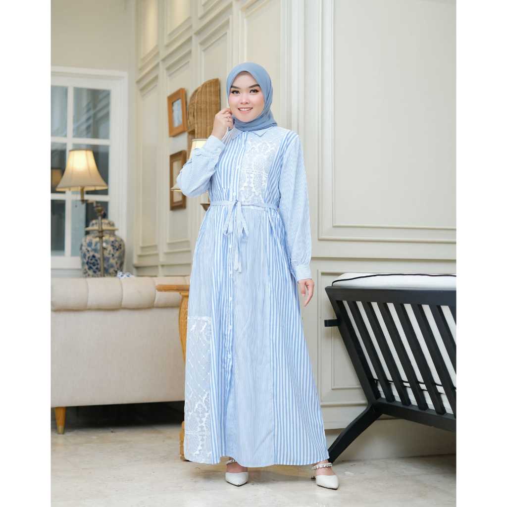 Jual Gamis Katun Yanded Motif Salur Full Kancing, Busui Friendly, Lengan Panjang Manset, Adem ...