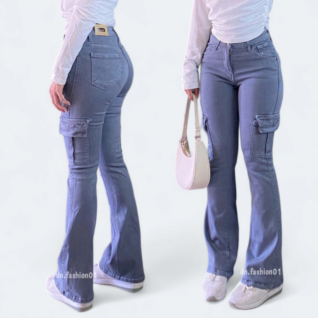 Jual HW Cutbray Cargo Jeans Wanita - Highwaist Cutbray Kargo Flared ...