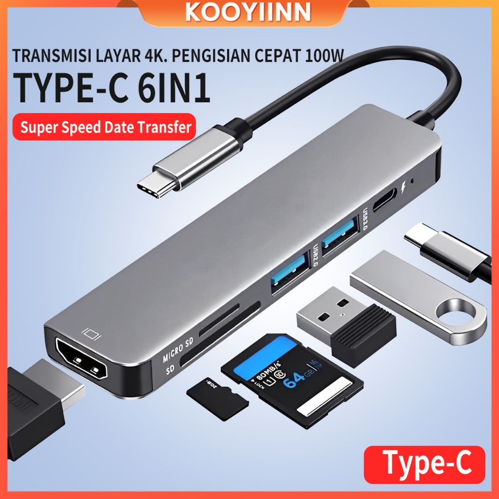 Jual KOOYIINN USB Hub 3.0 Type C Adaptor 6in1/8in1 Laptop HDMI Hub Converter USB Micro SD/TF ...
