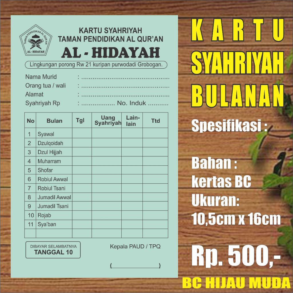 Jual Kartu Syahriyah/Kartu Iuran/SPP/Infaq TPQ, Madrasah, TK, PAUD ...
