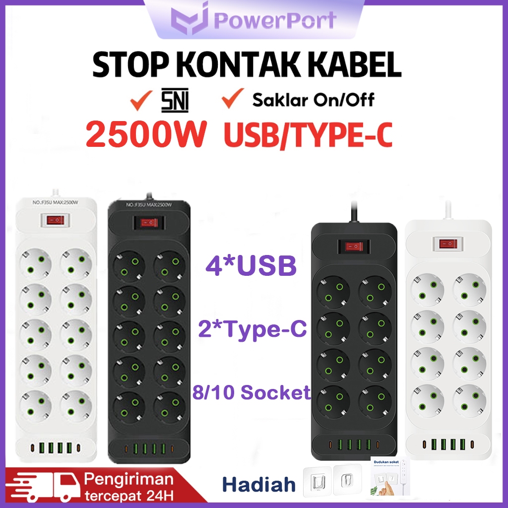 Jual PowerPort 2500W Power Strip Power Socket Stop Kontak colokan usb stop kontak Colokan kabel ...
