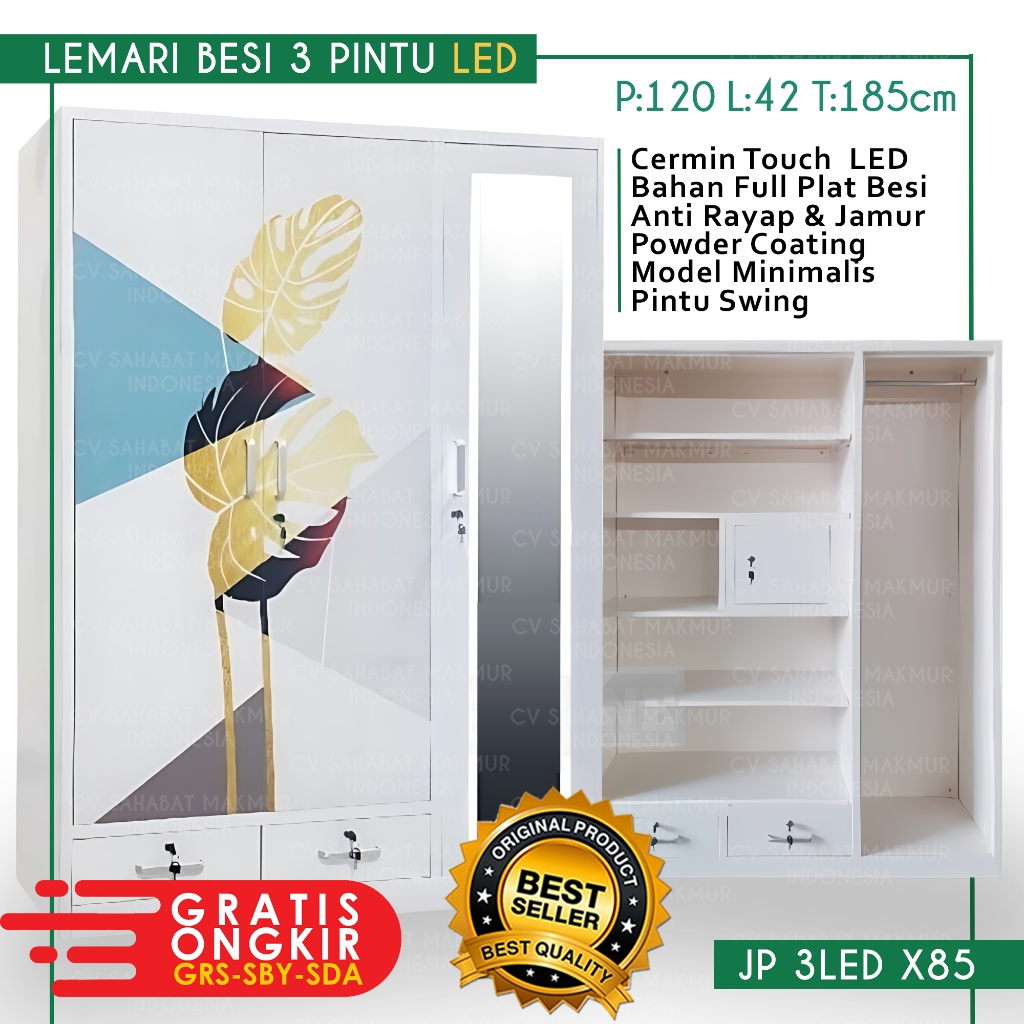 Jual Lemari Pakaian Besi 3 Pintu 120cm Swing Door LED 3P JP 3LED X85 ...