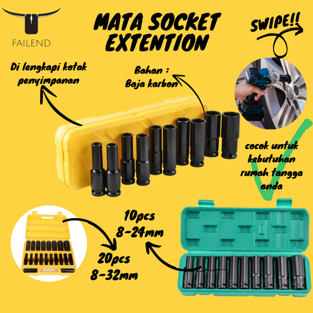 Jual Mata Socket Extention Impact Socket 10 pcs 20 pcs 1/2 Inch Impact ...