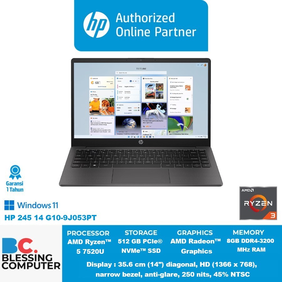 Jual HP 245 14 G10 9J053PT Ryzen 5 7520U 8GB 512GB W11 Home Dark ash ...