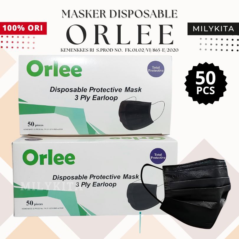Jual Masker Orlee Disposable Hitam 3 ply Earloop Original Emboss 50 pcs ...