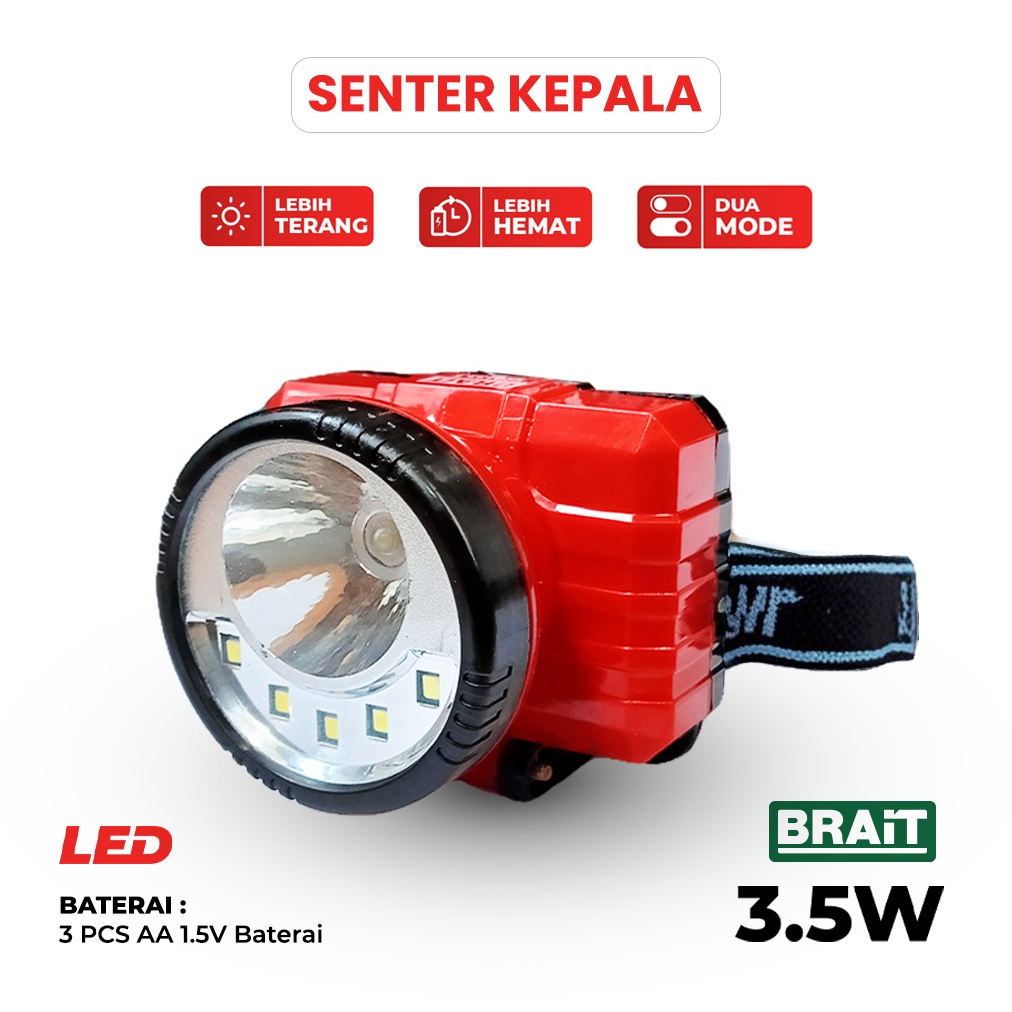 Jual BRAIT senter kepala headlamp super LED 3.5 W untuk mancing hiking dual switch free battery ...